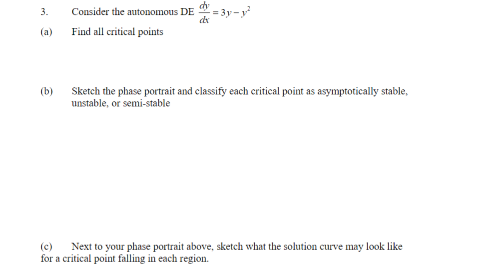 Consider the autonomous DE(dy)/(dx)=3y-y^(2)(a) ﻿Find | Chegg.com