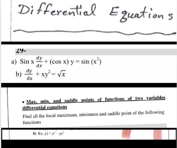 Solved Differential Equations 29- dy a) Sinx +(cos x) y = | Chegg.com