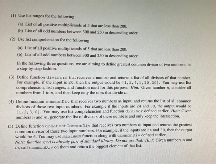 Solved (1) Use list ranges for the following (a) List of all | Chegg.com