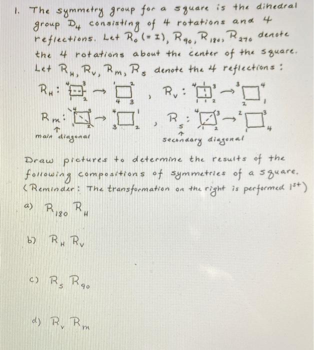Solved 1. The symmetry group for a square is the dinedral | Chegg.com