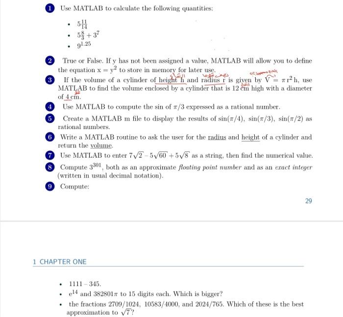 Solved O Use MATLAB to calculate the following quantities: · | Chegg.com