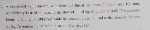 Solved A horizontal venturimeter, with inlet and throat | Chegg.com