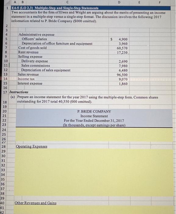 Solved F 1 А в с E E4-5 (LO2.3) Multiple-Step and | Chegg.com