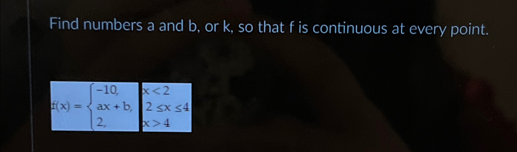 Solved Find numbers a and b, ﻿or k, ﻿so that f ﻿is | Chegg.com