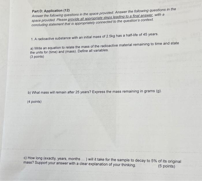 Solved Part D: Application (12) Answer the following | Chegg.com