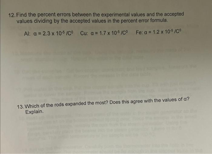 Solved 12. Find the percent errors between the experimental | Chegg.com