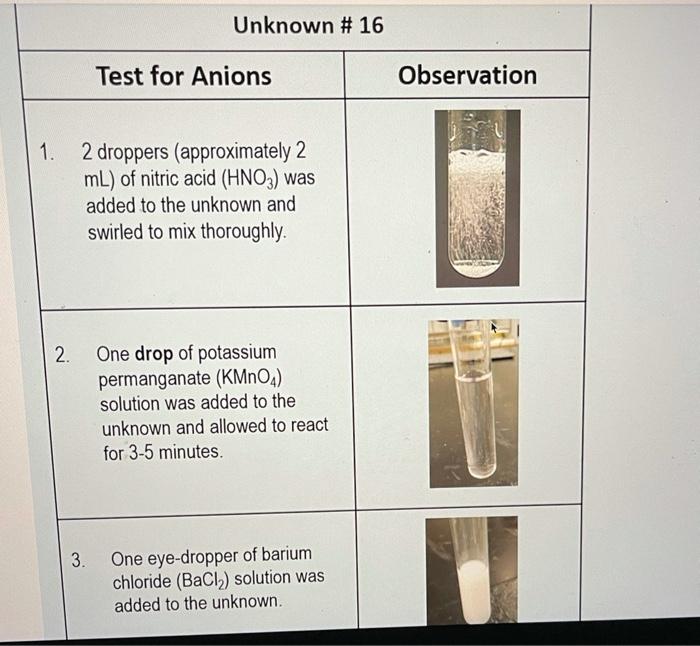 Solved Unknown # 7 Test for Cations Observation 1. 2 mL of | Chegg.com