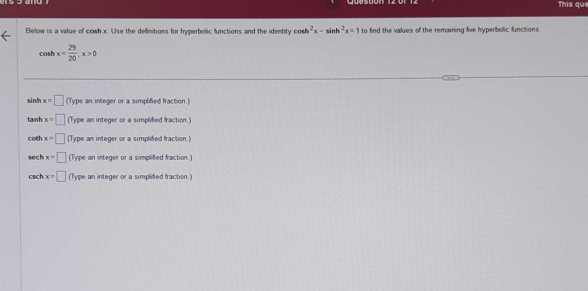 Solved Below is a value of coshx. Use the definitions for | Chegg.com