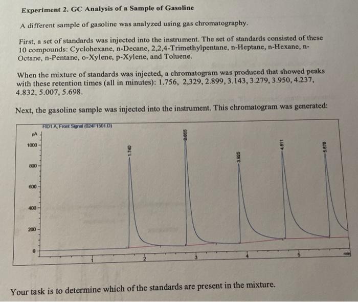 Solved Experiment 2. GC Analysis of a Sample of Gasoline A | Chegg.com