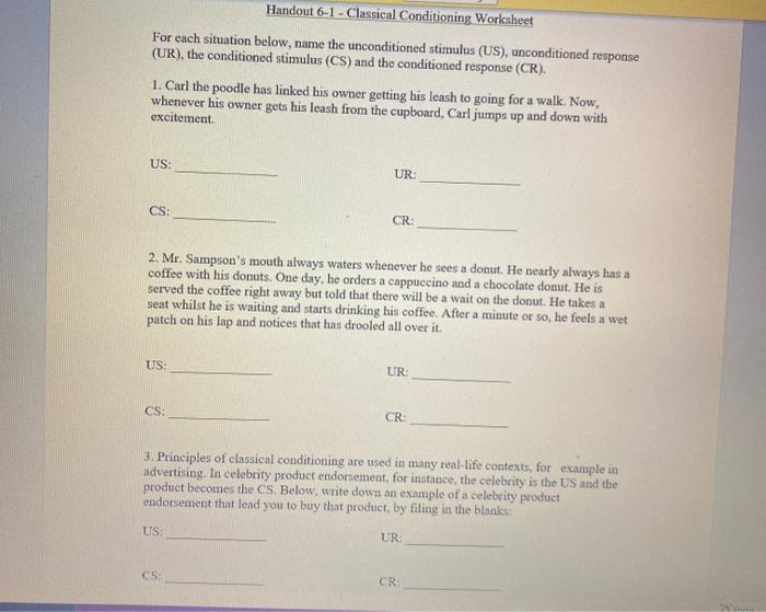 Solved Handout 6-1 - Classical Conditioning Worksheet For | Chegg.com