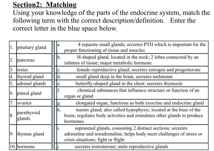 Solved Section2: Matching Using your knowledge of the parts | Chegg.com