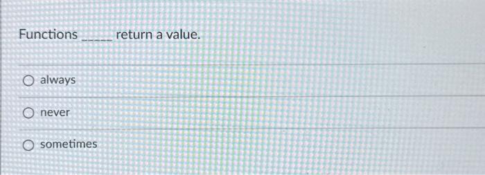 Solved Functions return a value. always never sometimes | Chegg.com