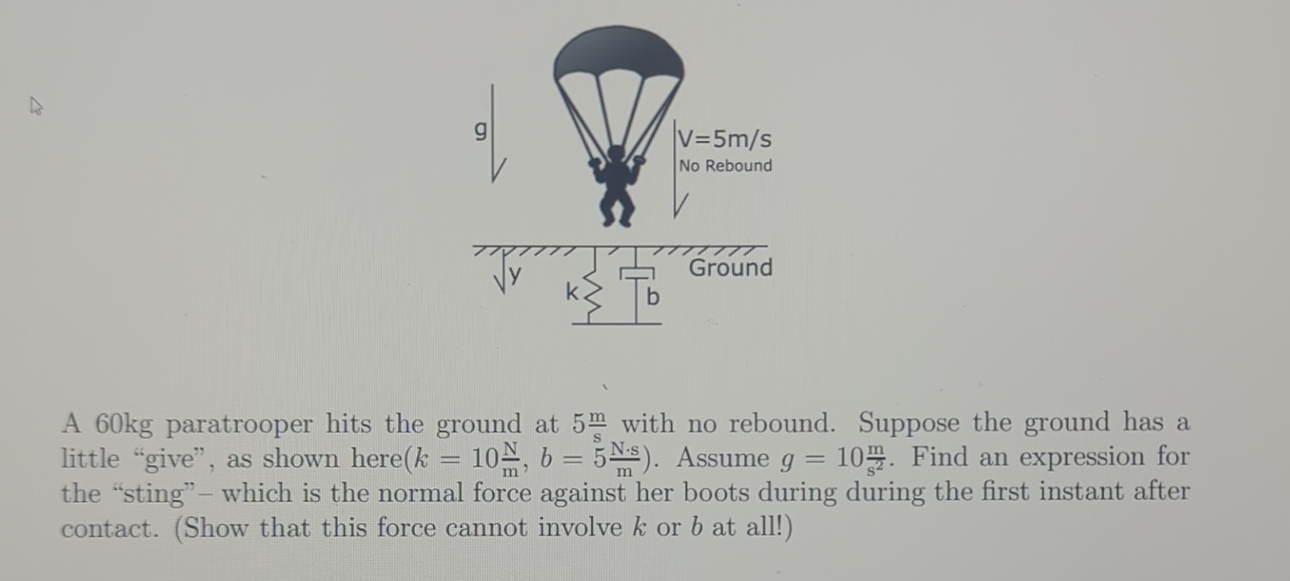 Solved A 60kg ﻿paratrooper hits the ground at 5ms ﻿with no | Chegg.com