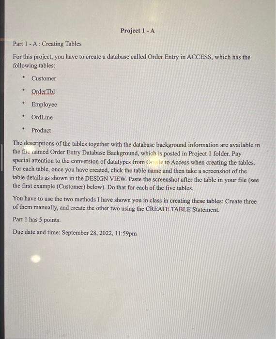 Part 1-A : Creating Tables For this project, you have | Chegg.com