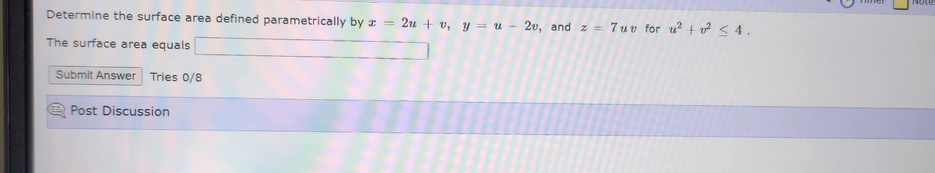 Solved Determine The Surface Area Defined Parametrically By 4186