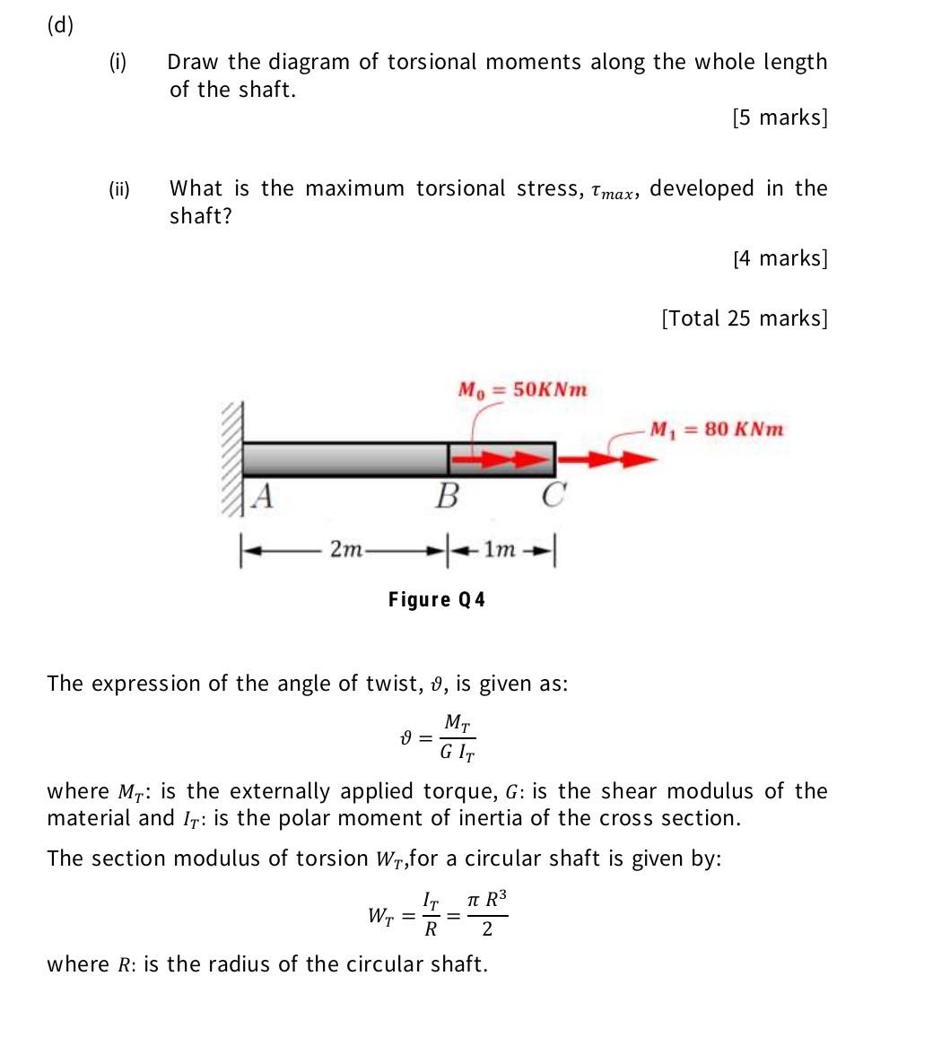 Solved (d) (i) Draw the diagram of torsional moments along | Chegg.com