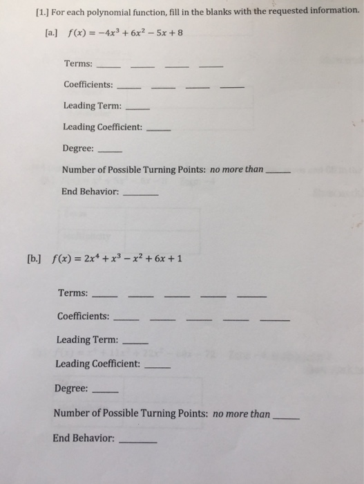 Solved [1.) For each polynomial function, fill in the blanks | Chegg.com