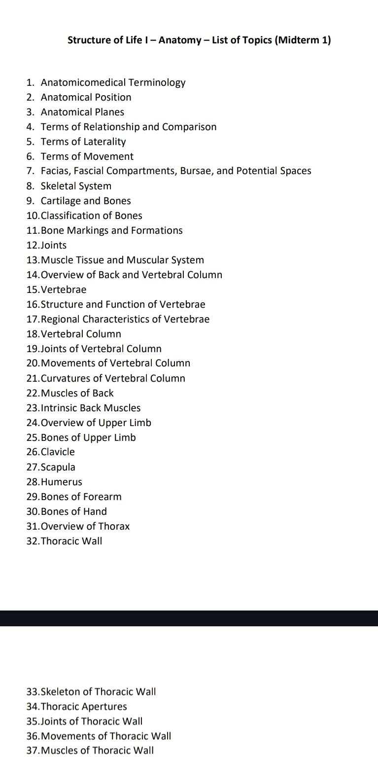 Solved Structure of Life I - ﻿Anatomy - ﻿List of Topics | Chegg.com