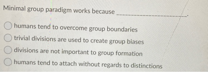 Solved Minimal group paradigm works because O humans tend to | Chegg.com