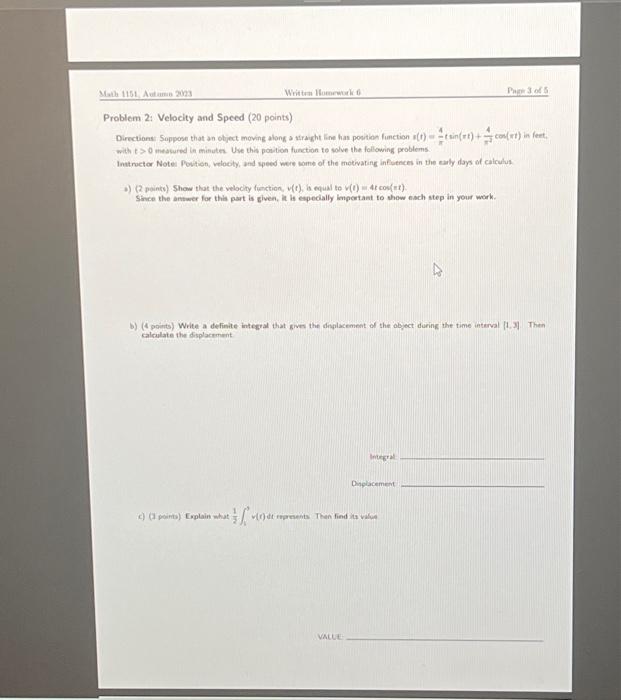 Solved Problem 2: Velocity and Speed (20 points) with t>0 | Chegg.com