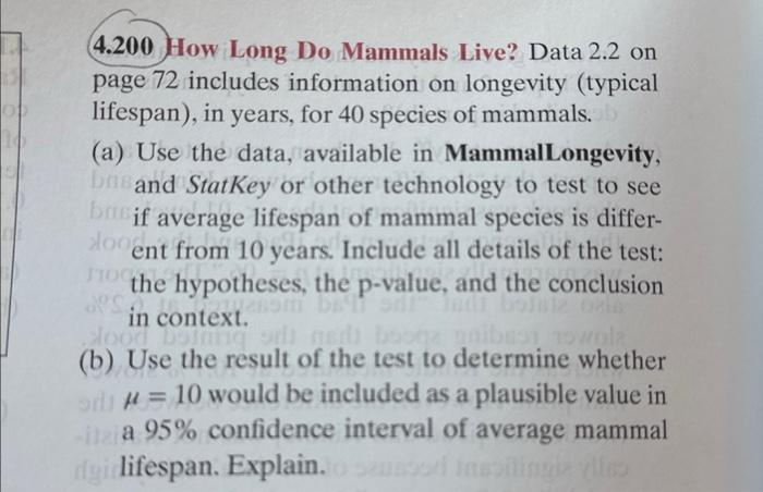 Solved 4.200 How Long Do Mammals Live? Data 2.2 on page 72 | Chegg.com