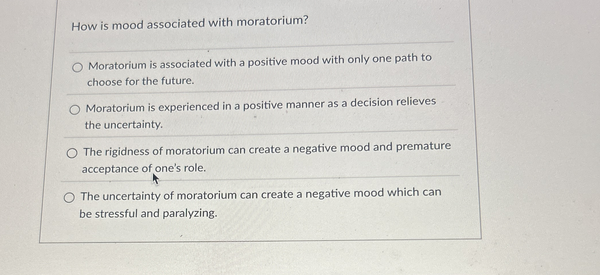 Solved How is mood associated with moratorium?Moratorium is | Chegg.com