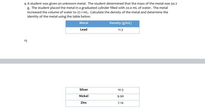 Solved 4. A student was given an unknown metal. The student | Chegg.com