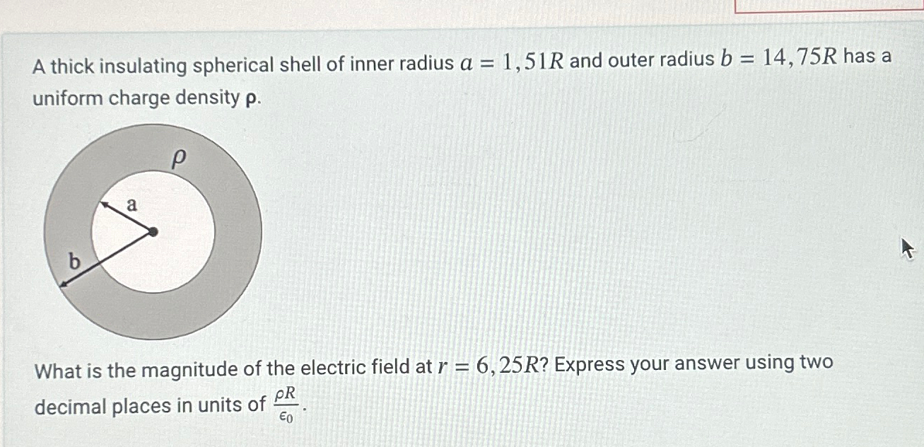 Solved A thick insulating spherical shell of inner radius | Chegg.com