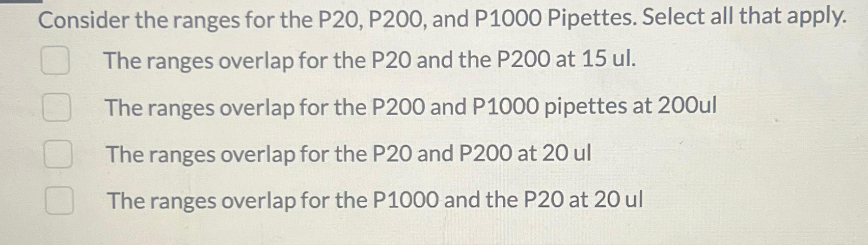 Solved Consider the ranges for the P20, ﻿P200, ﻿and P1000 | Chegg.com