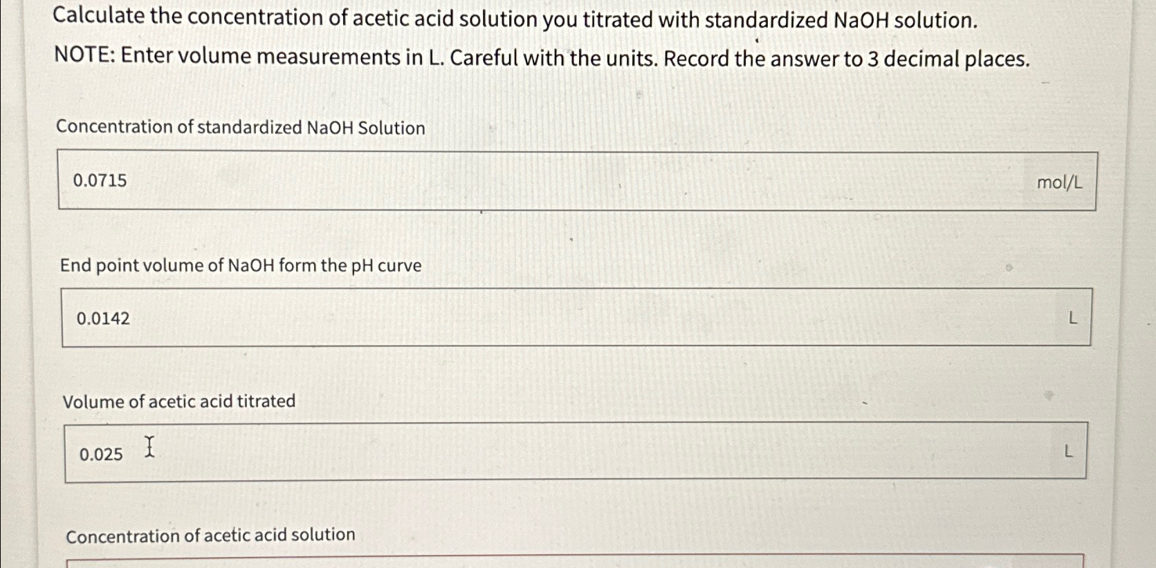 Solved Calculate the concentration of acetic acid solution | Chegg.com