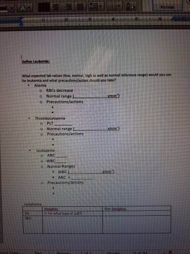 Solved ΤΑ- Normal Define leukemia: What expected lab values | Chegg.com