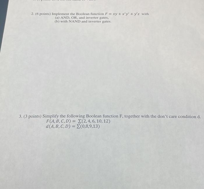 Solved 2. (6 points) Implement the Boolean function | Chegg.com