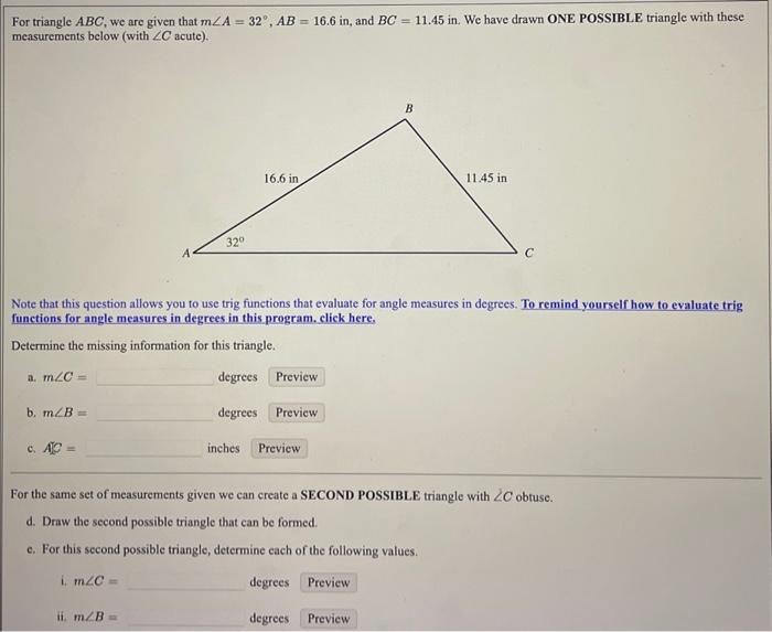 Solved For triangle ABC, we are given that m∠A=32∘,AB=16.6 | Chegg.com