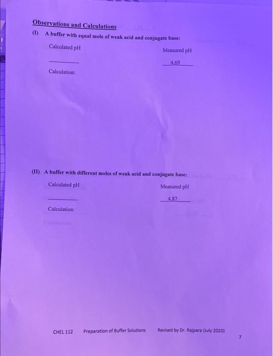 Solved Observations and Calculations (I) A buffer with equal | Chegg.com
