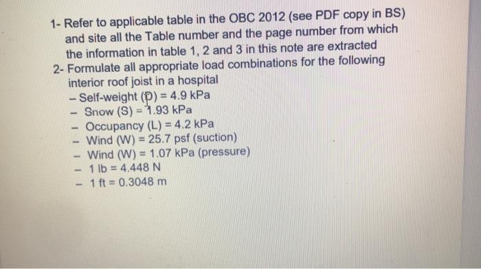 Solved 1- Refer to applicable table in the OBC 2012 (see PDF | Chegg.com