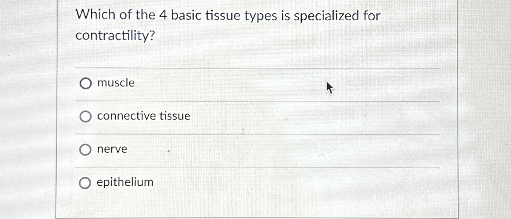 Solved Which of the 4 ﻿basic tissue types is specialized for | Chegg.com