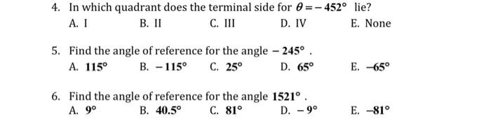 Solved 4. In which quadrant does the terminal side for | Chegg.com