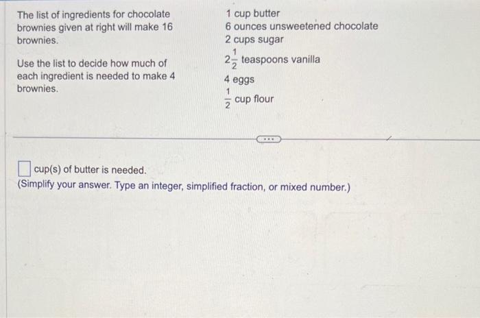 Solved The list of ingredients for chocolate brownies given | Chegg.com
