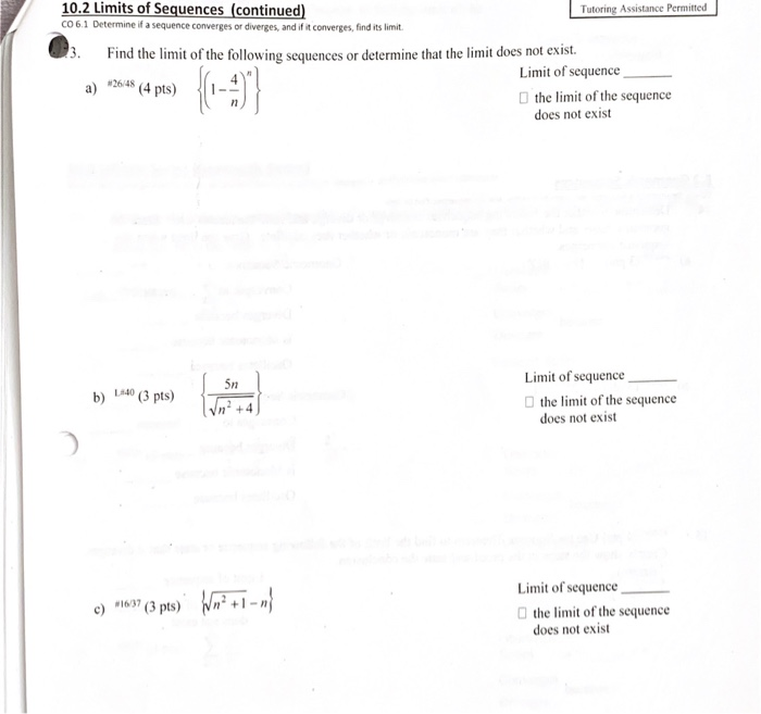 Solved 10.2 Limits of Sequences (continued) CO 6.1 Determine | Chegg.com