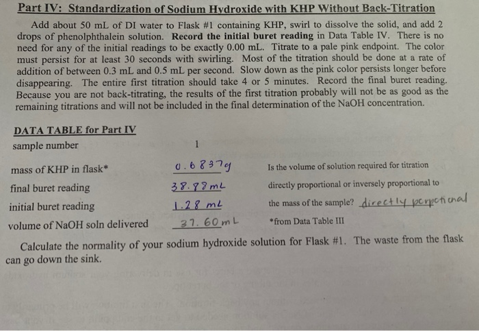 Solved Part IV: Standardization of Sodium Hydroxide with KHP | Chegg.com