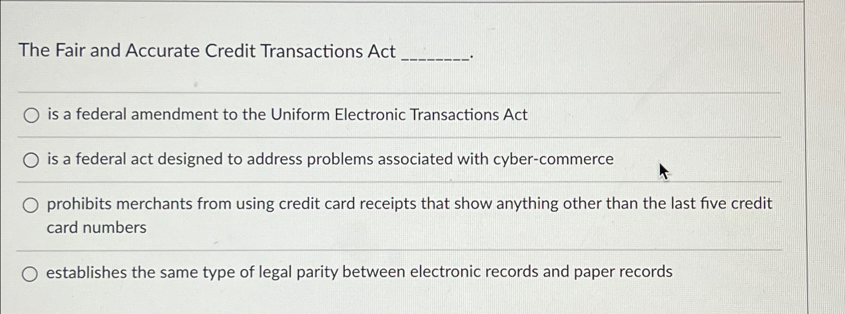 Solved The Fair and Accurate Credit Transactions Actis a | Chegg.com