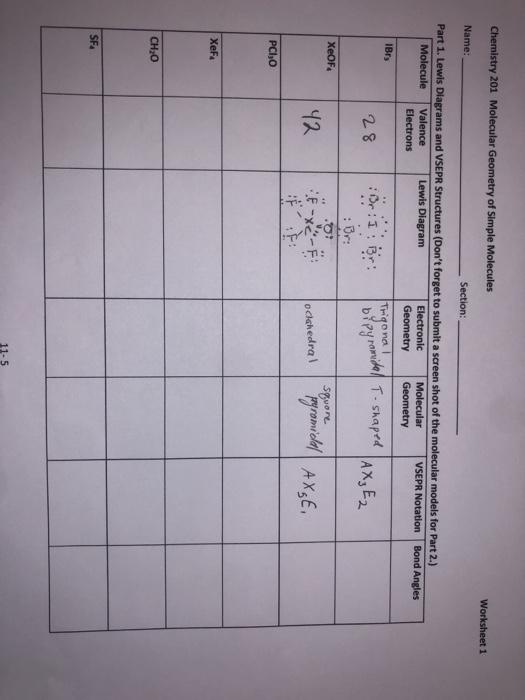 Solved Chemistry 201 Molecular Geometry of Simple Molecules | Chegg.com