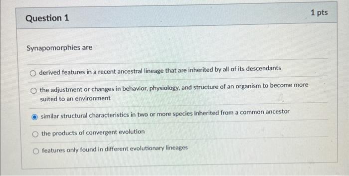 Solved Synapomorphies are derived features in a recent | Chegg.com