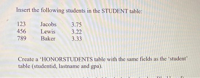 Solved Insert the following students in the STUDENT table: | Chegg.com