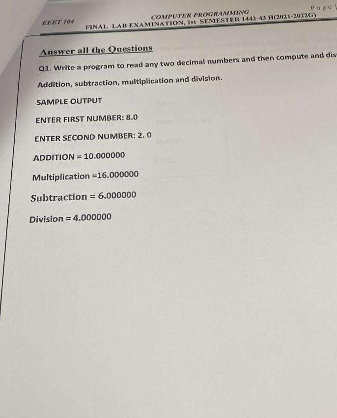 Solved Answer all the Questions Q1. Write a program to read | Chegg.com