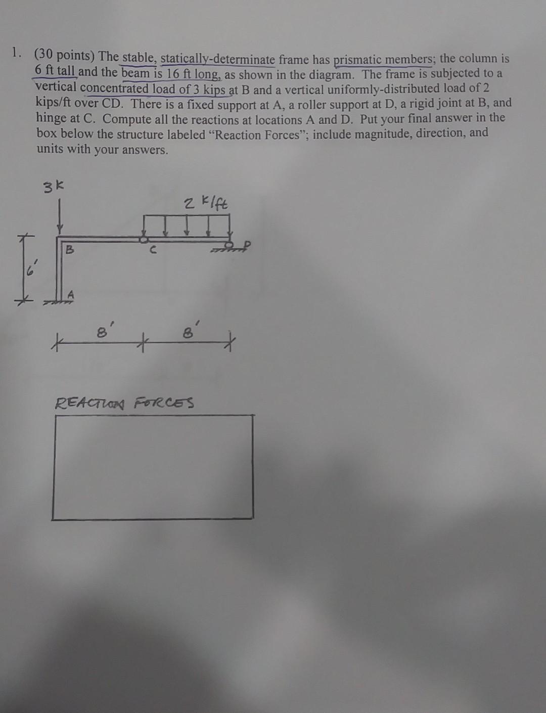 Solved 1. (30 points) The stable, statically-determinate | Chegg.com