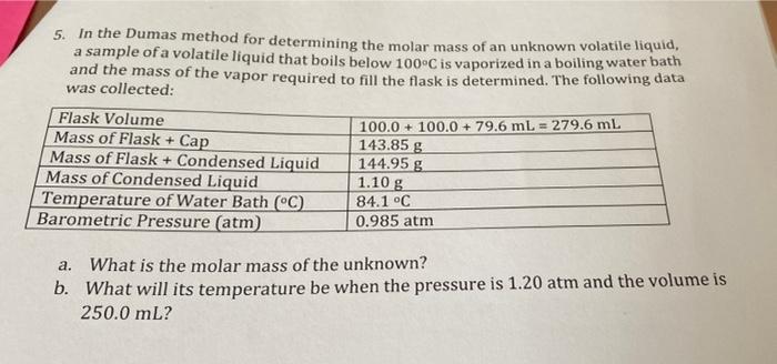 Solved 5. In the Dumas method for determining the molar mass | Chegg.com
