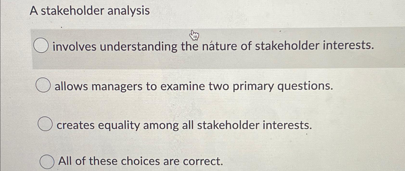 Solved A stakeholder analysisinvolves understanding the | Chegg.com