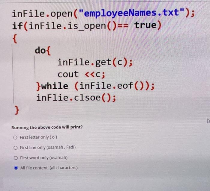 Solved inFile.open("employeeNames.txt"); | Chegg.com