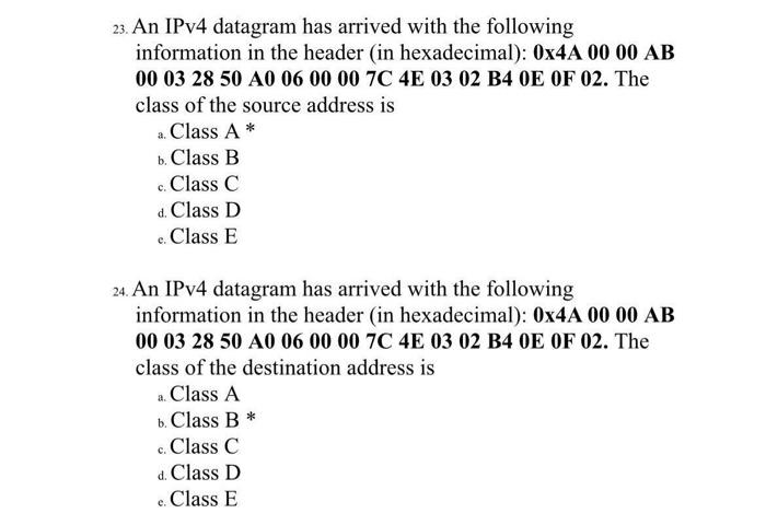Solved 23. An IPv4 datagram has arrived with the following | Chegg.com